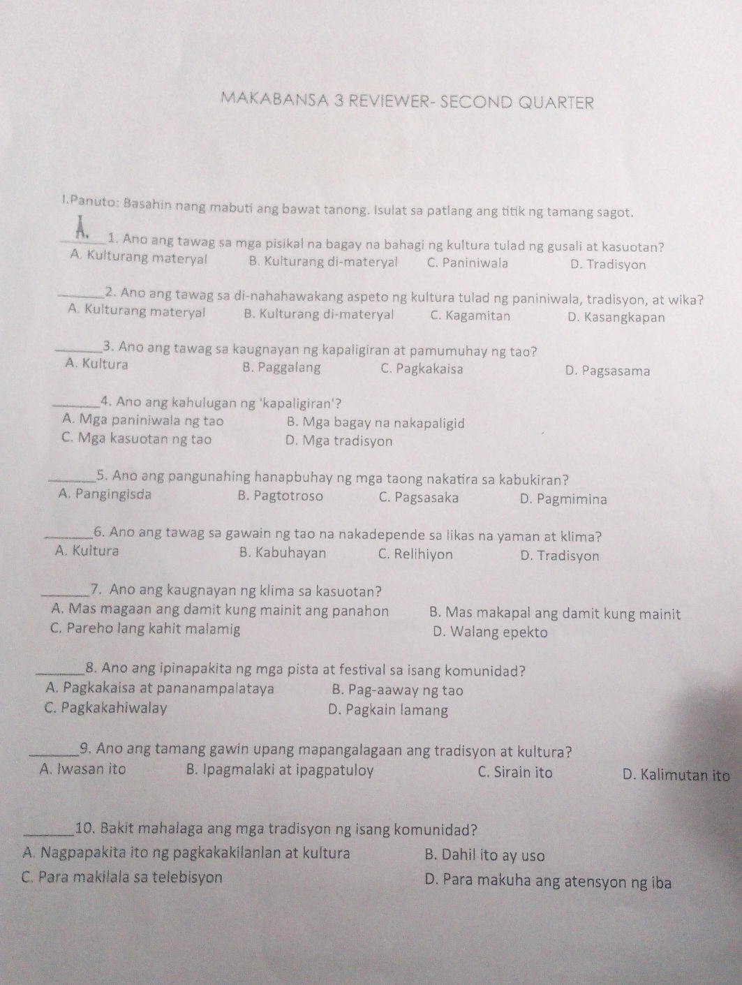 I. Panuto: Basahin nang mabuti ang bawat | StudyX