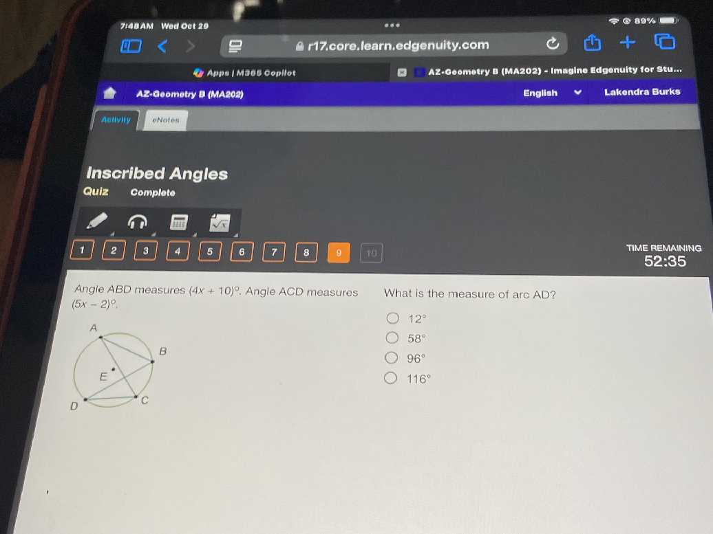 Angle ABD measures $(4x + 10)^{ }$. Angle