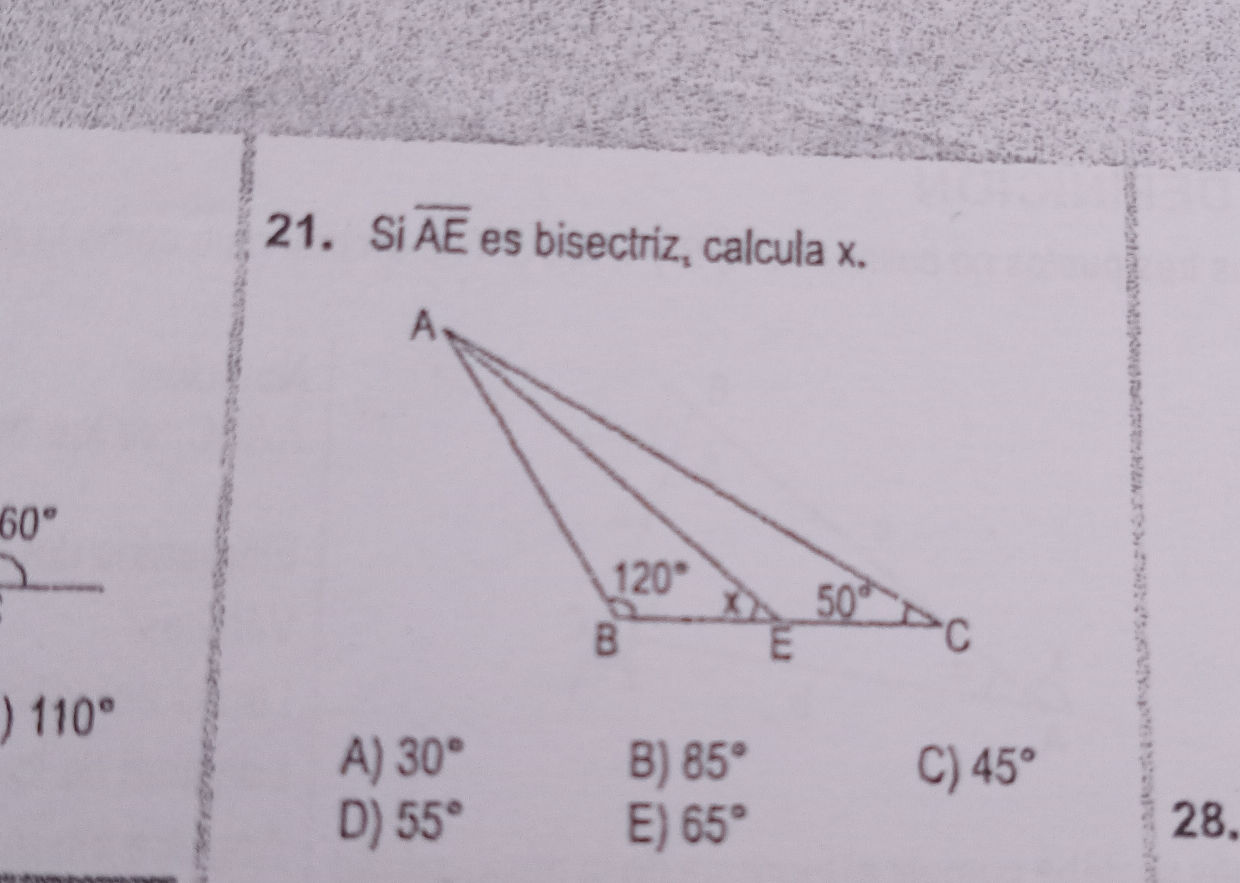 21. Si $ {AE}$ es bisectriz, calcula x. | StudyX