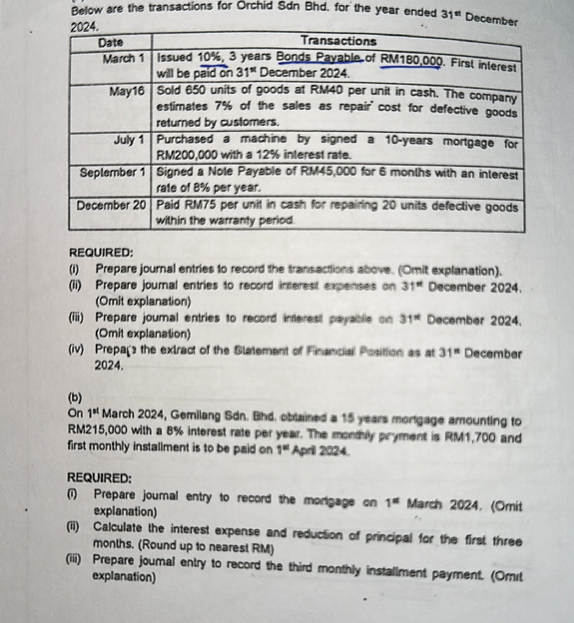 Below are the transactions for Orchid Sdn | StudyX