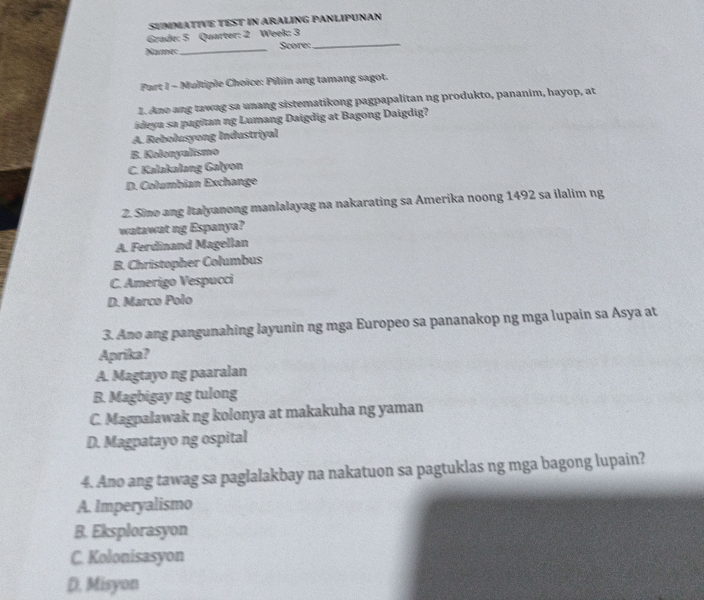 Part I - Multiple Choice: Piliin ang tamang | StudyX