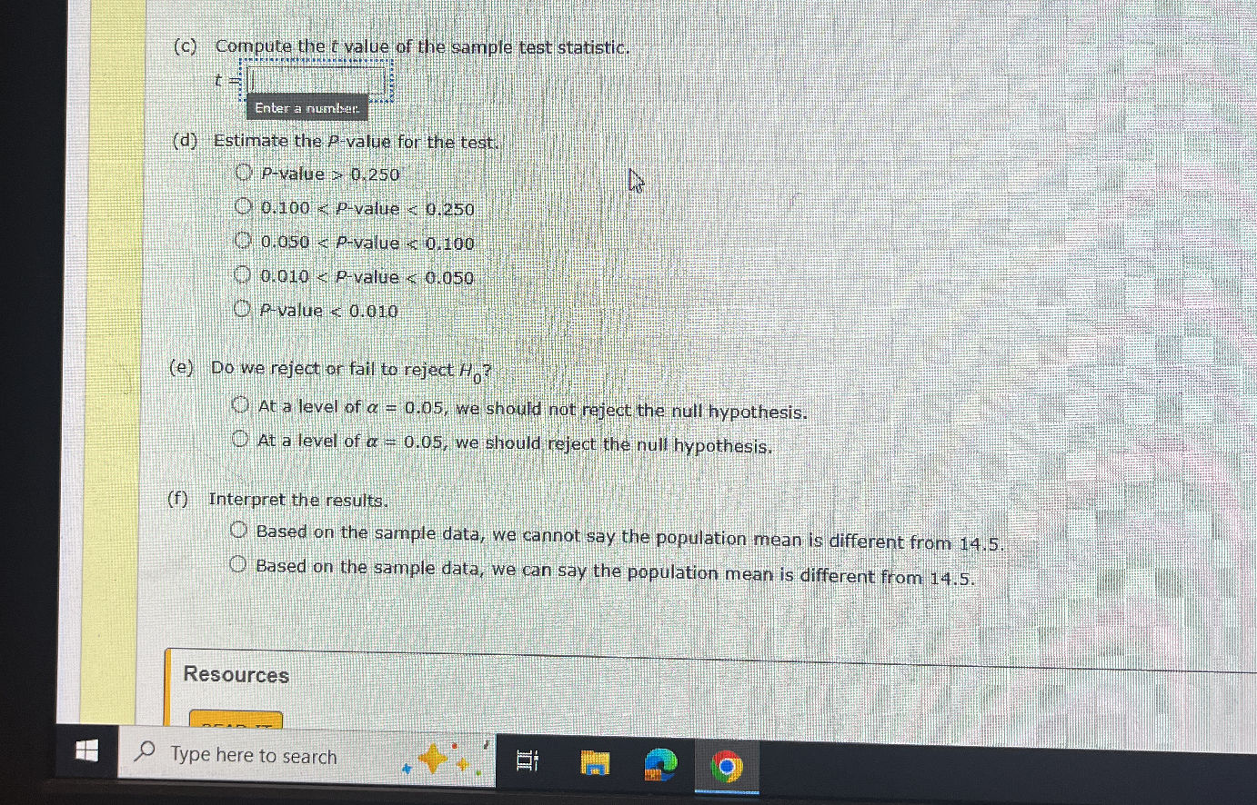 (c) Compute the $t$ value of the sample test | StudyX