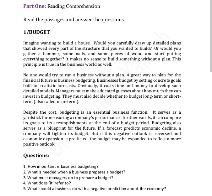 Part One: Reading Comprehension Read the | StudyX
