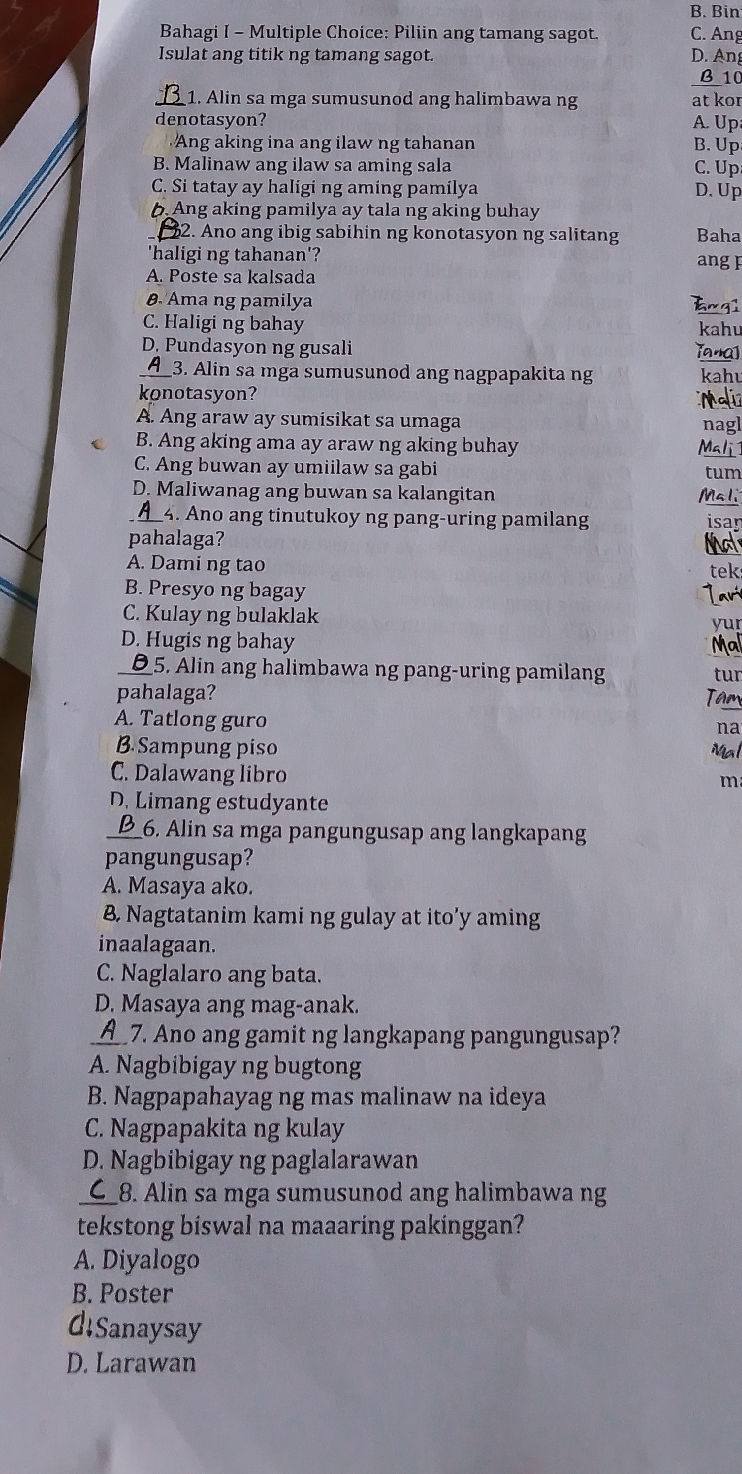 Bahagi I - Multiple Choice: Piliin ang | StudyX