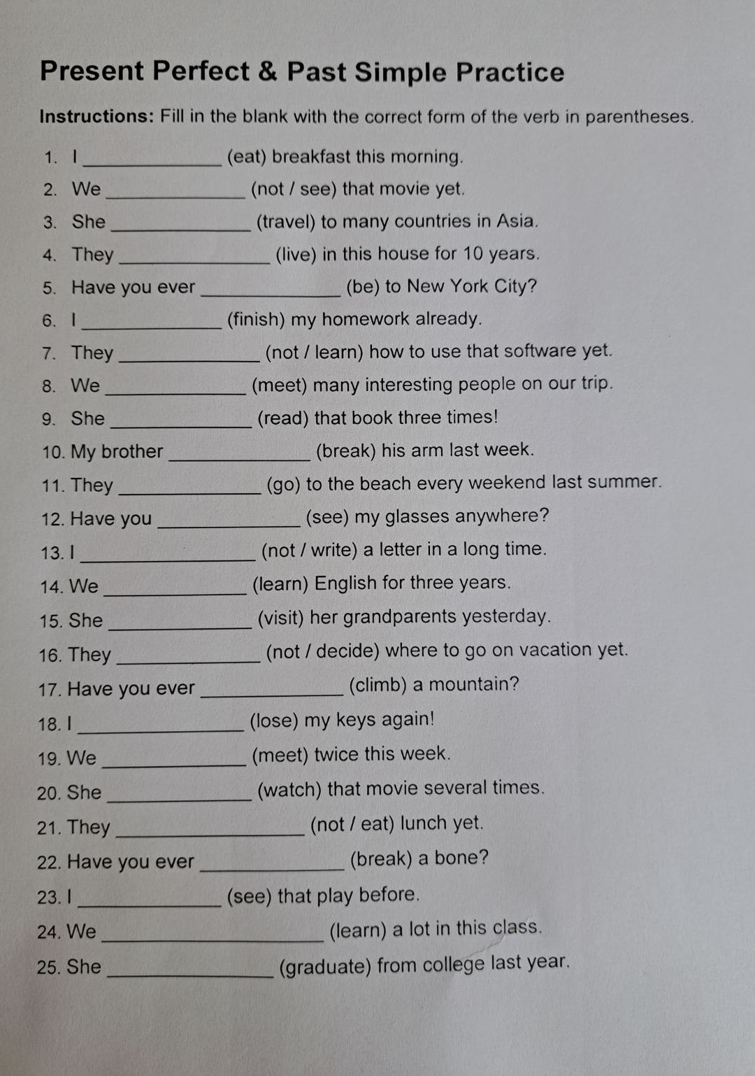 Present Perfect Past Simple Practice | StudyX