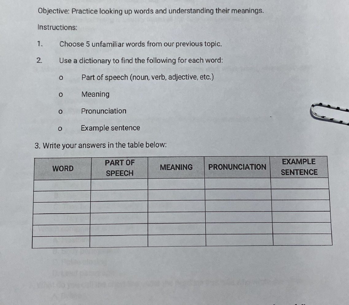 Objective: Practice looking up words and | StudyX