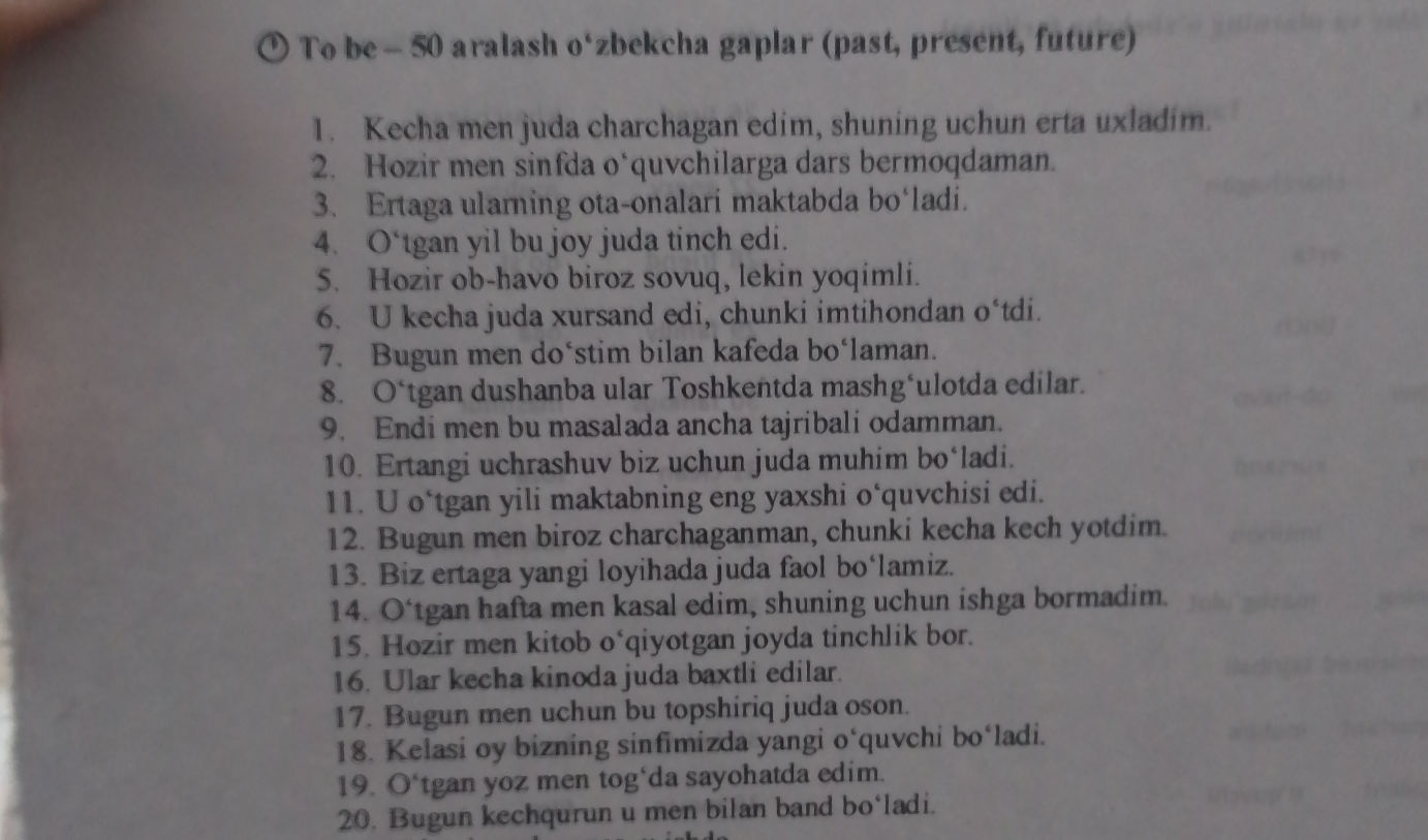 To be - 50 aralash o'zbekcha gaplar (past, | StudyX