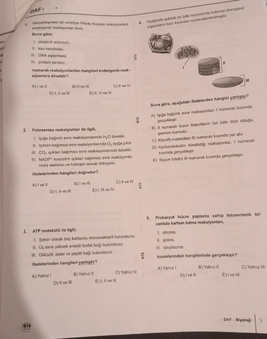 2. Fotosentez reaksiyonları ile ilgili, I. | StudyX