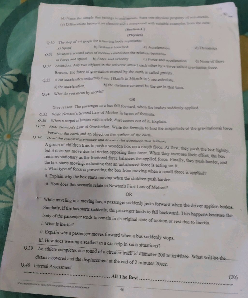 Q.30 The slop of v-t graph for a moving body | StudyX