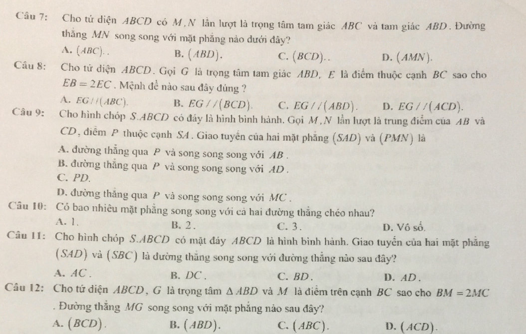 Câu 7: Cho tứ diện $ABCD$ có $M,N$ lần lượt | StudyX