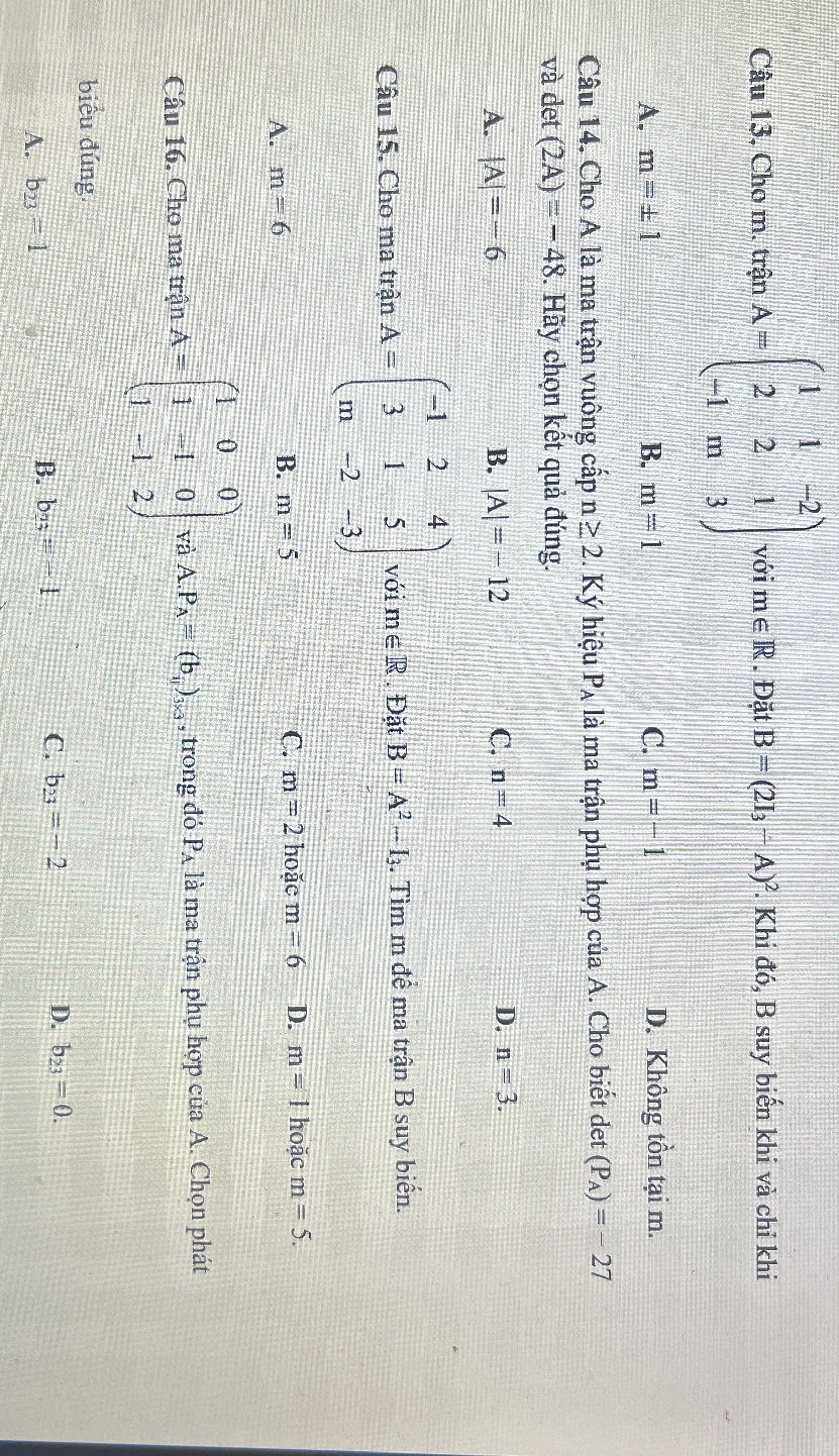 Câu 13. Cho ma trận \[A = 1 2 1 -2 | StudyX