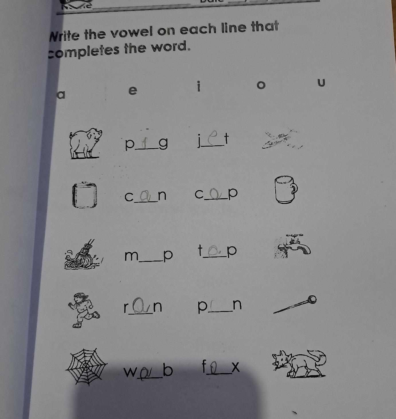 Write the vowel on each line that completes | StudyX