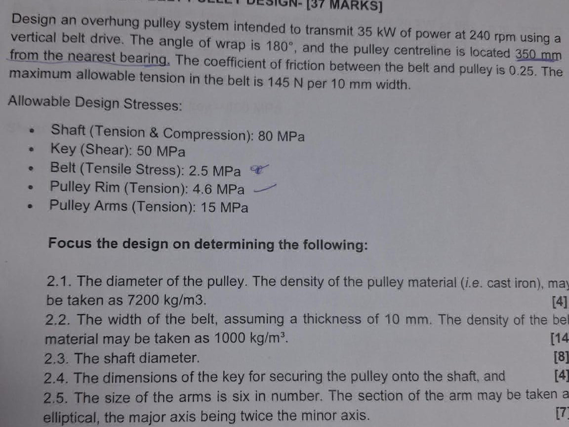 Design an overhung pulley system intended to | StudyX