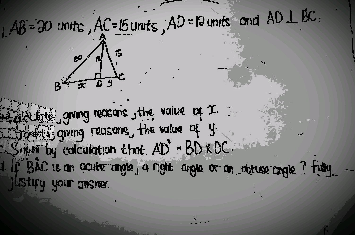 1. AB = 20 units, AC = 15 units, AD = 12 | StudyX