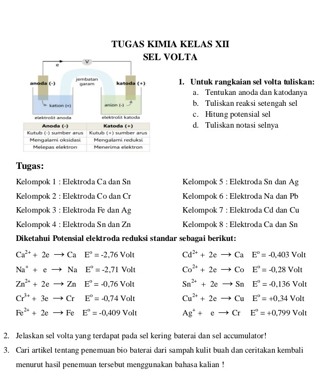TUGAS KIMIA KELAS XII SEL VOLTA 1. Untuk | StudyX