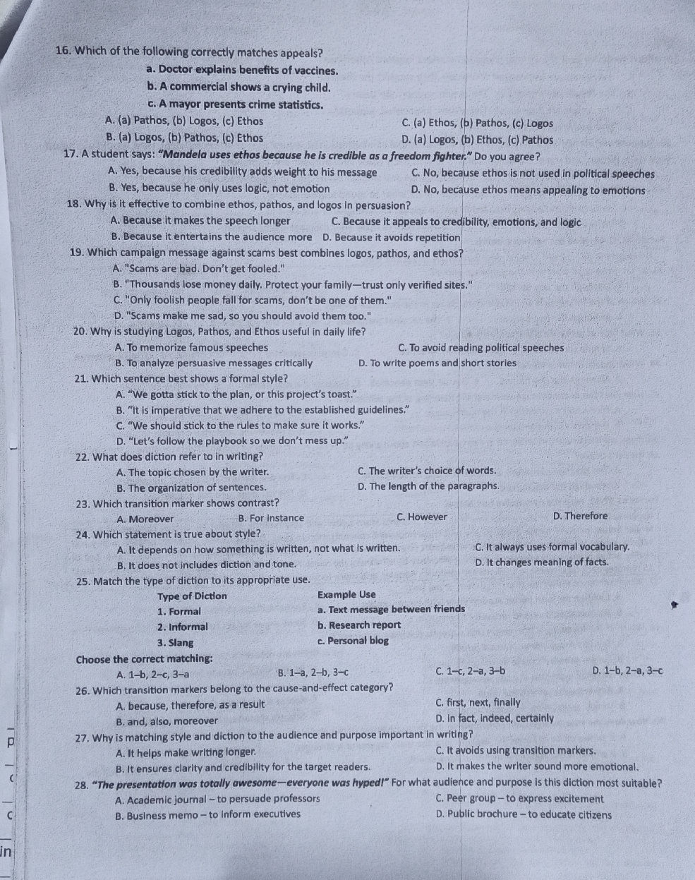 22. What does diction refer to in writing? | StudyX