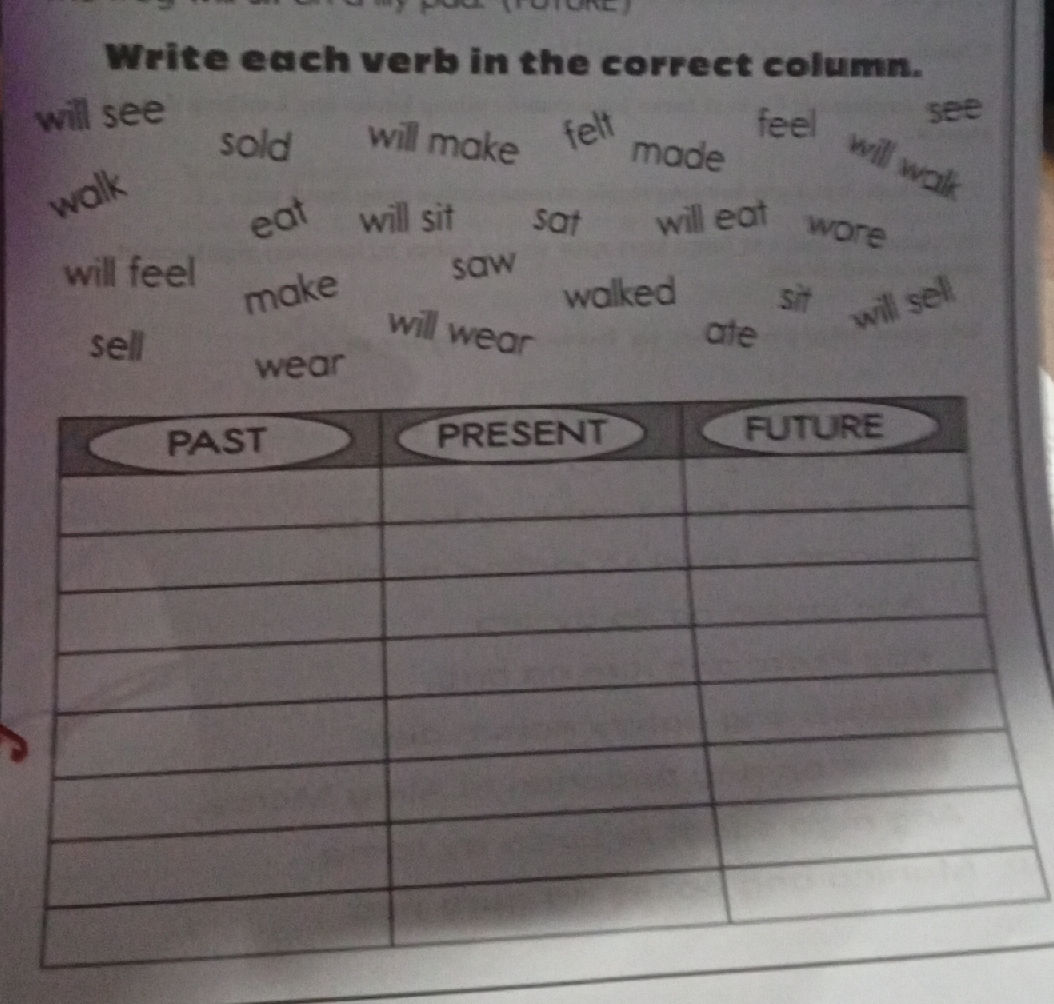 Write each verb in the correct column. | StudyX