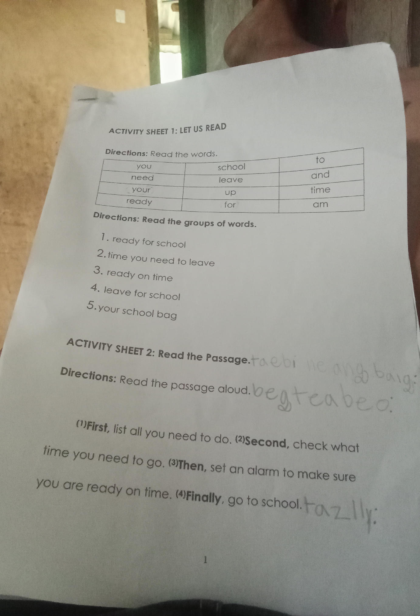 ACTIVITY SHEET 1: LET US READ Directions: | StudyX