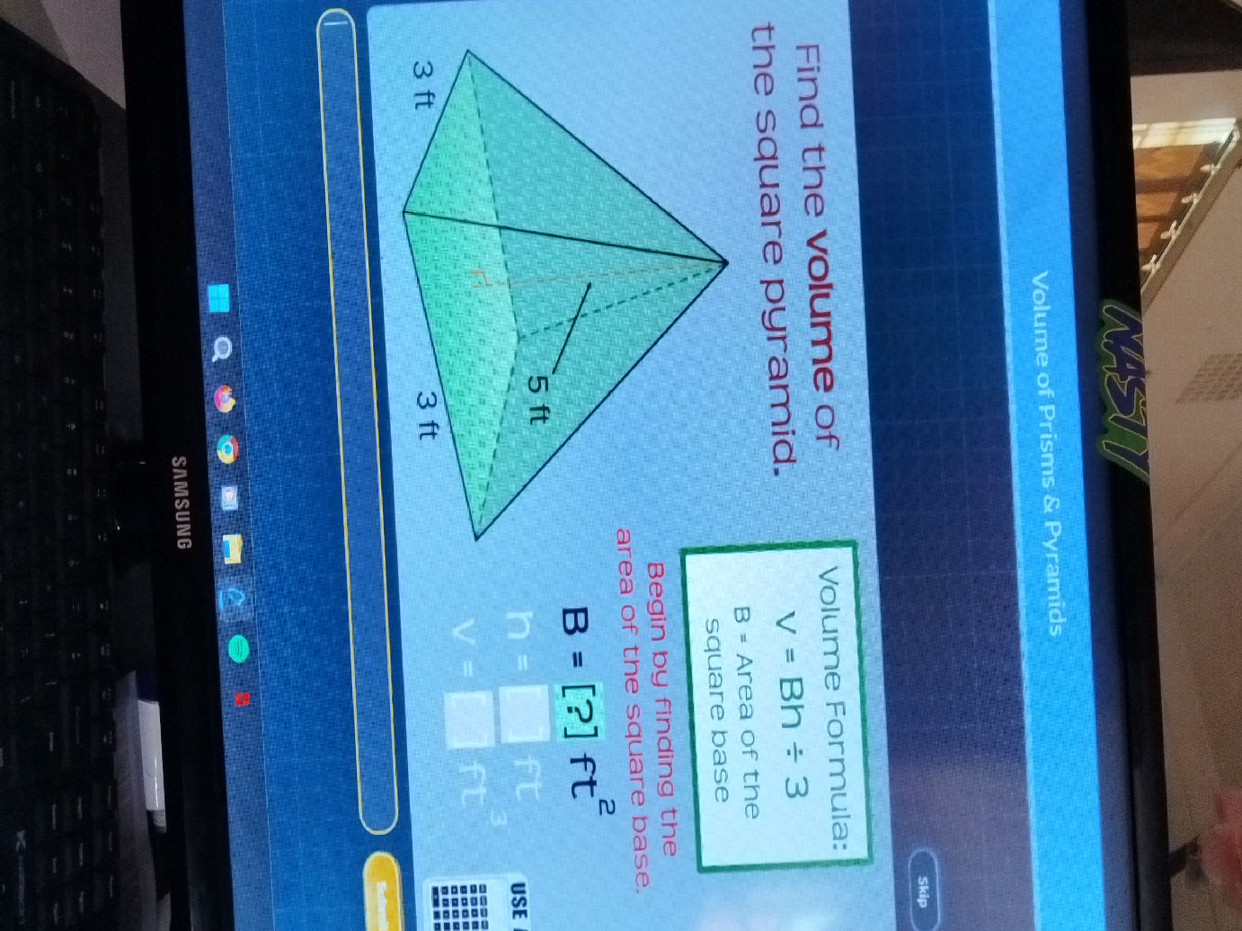 Find the volume of the square pyramid. | StudyX