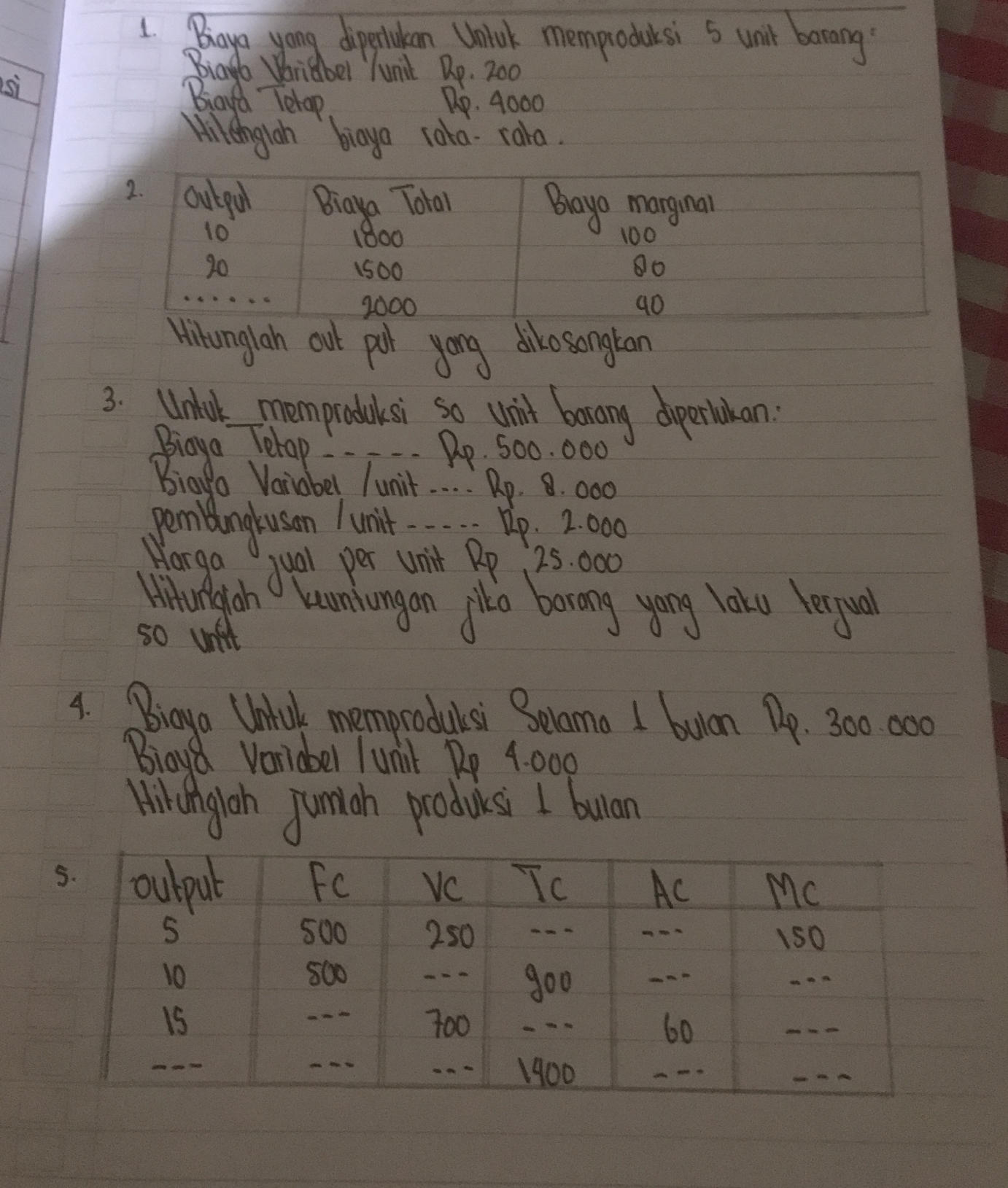 Tabel Biaya Produksi: | output | Fc | Vc | | StudyX