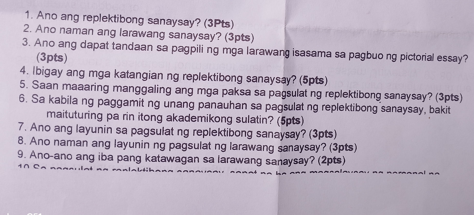 1. Ano ang replektibong sanaysay? (3pts) 2. | StudyX