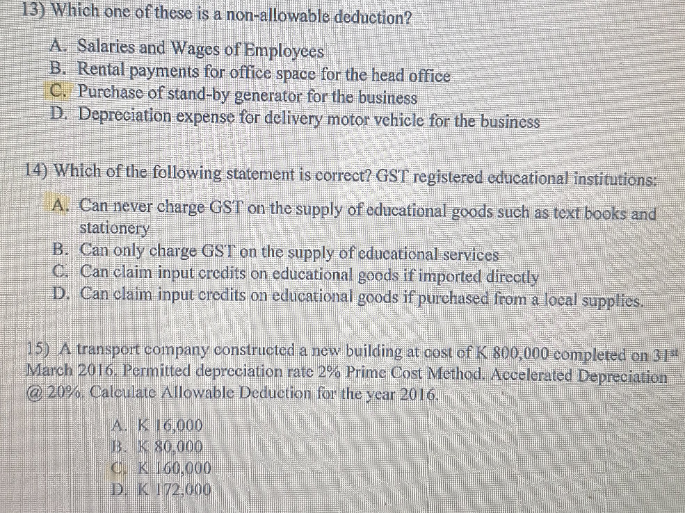 13) Which one of these is a non-allowable | StudyX