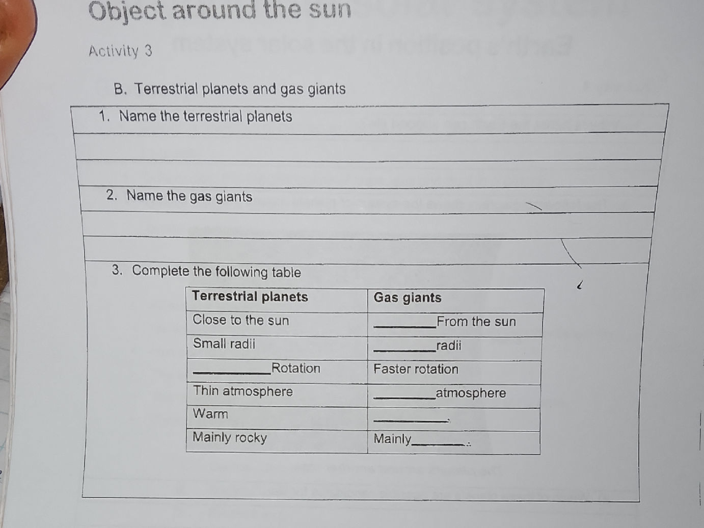 Activity 3 B. Terrestrial planets and gas | StudyX