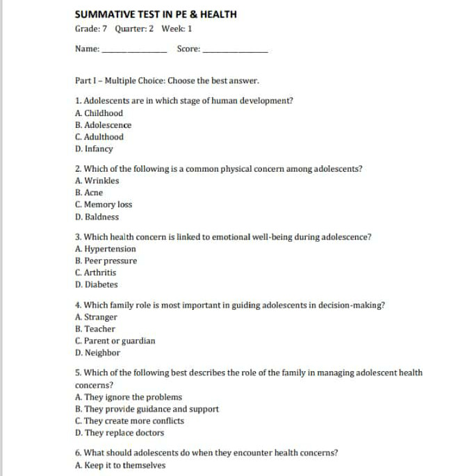 SUMMATIVE TEST IN PE HEALTH Grade: 7 | StudyX