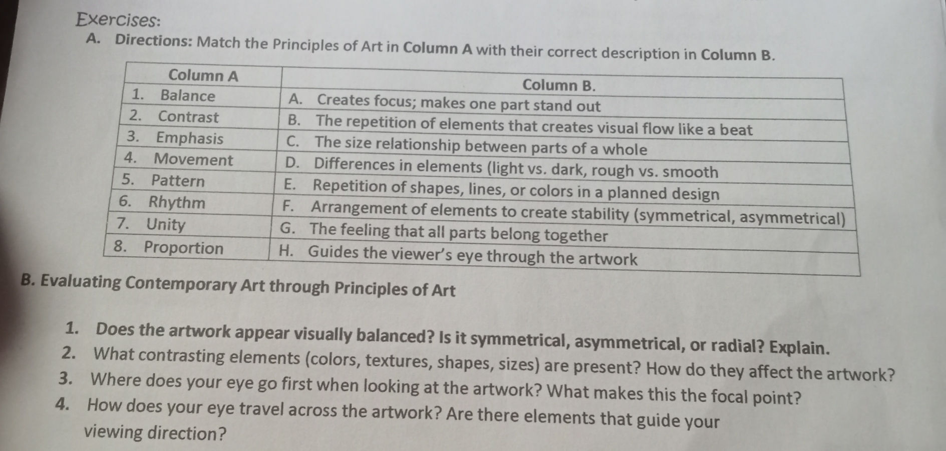 A. Directions: Match the Principles of Art | StudyX