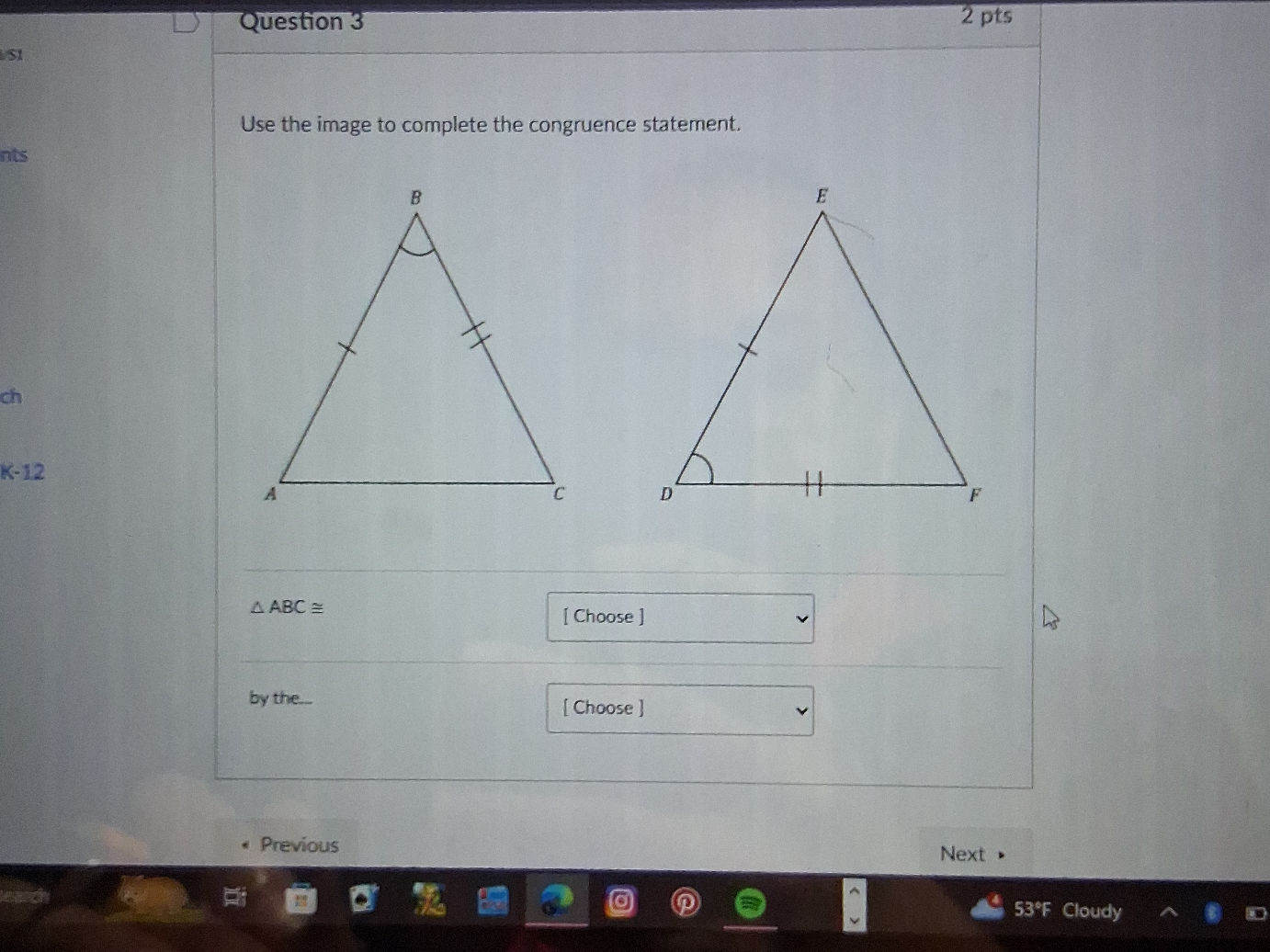 Use the image to complete the congruence | StudyX