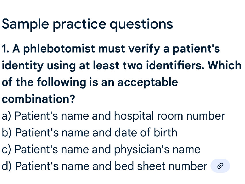 Sample practice questions 1. A phlebotomist | StudyX