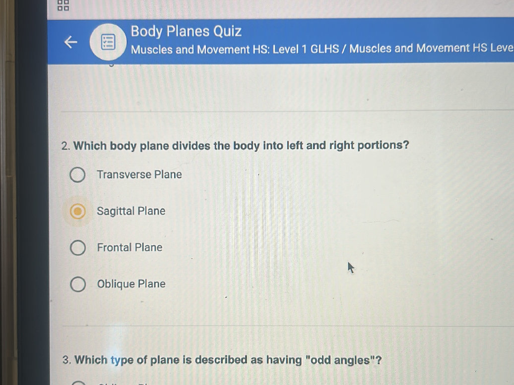 Which body plane divides the body into left | StudyX
