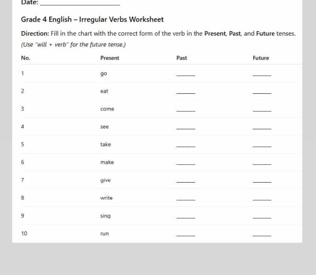 Grade 4 English – Irregular Verbs Worksheet | StudyX