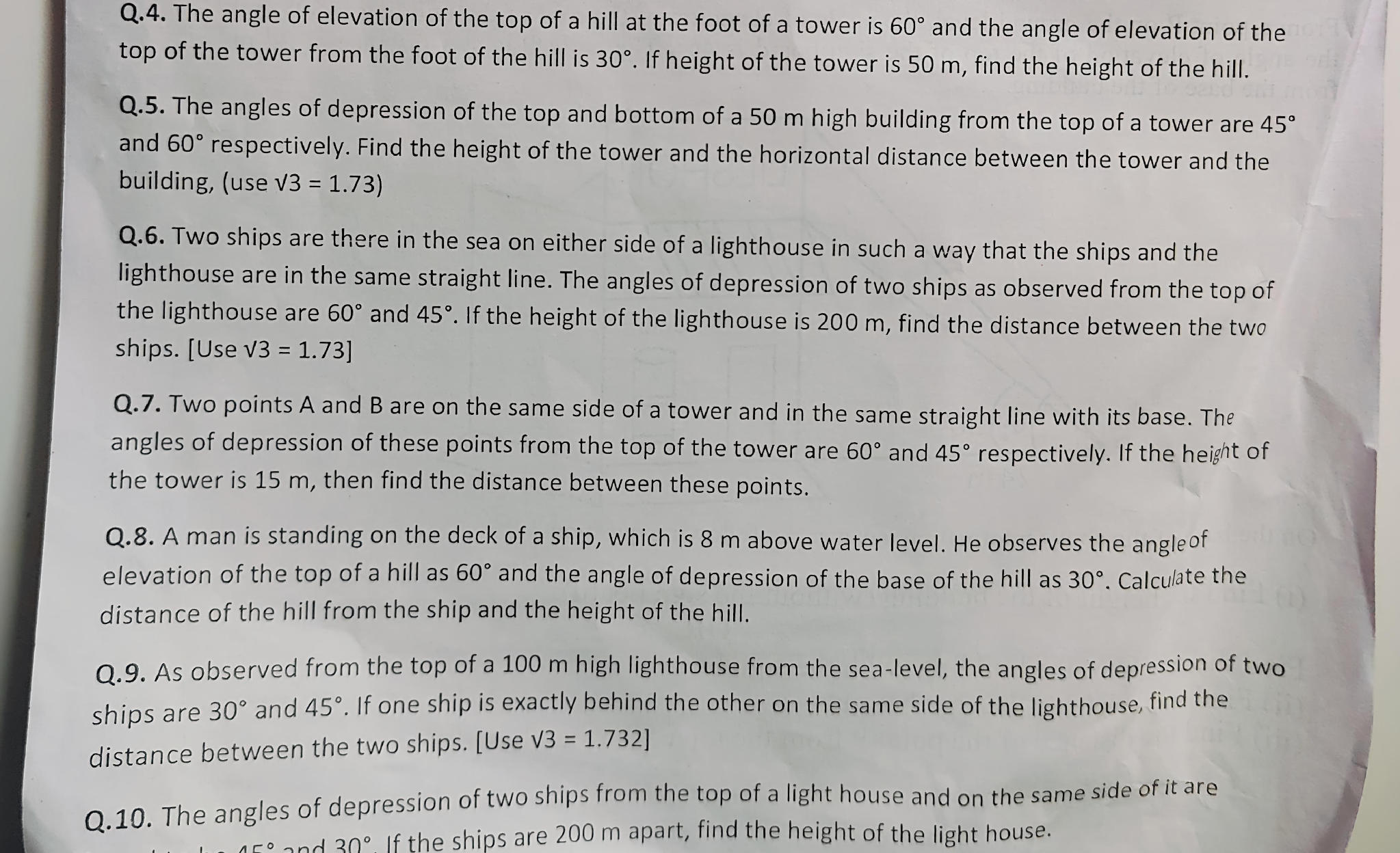 Q.4. The angle of elevation of the top of a | StudyX