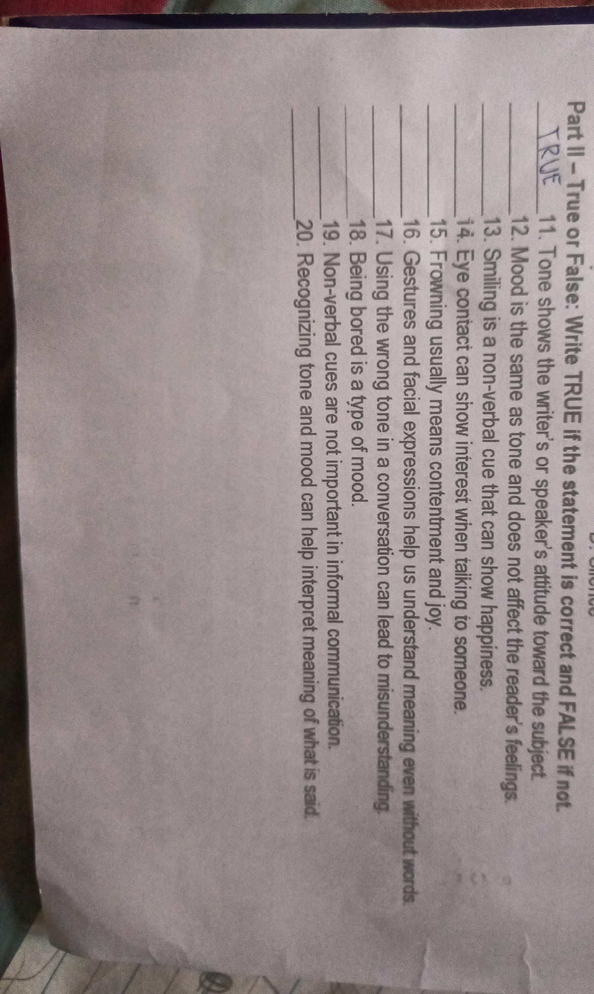 Part II - True or False: Write TRUE if the | StudyX