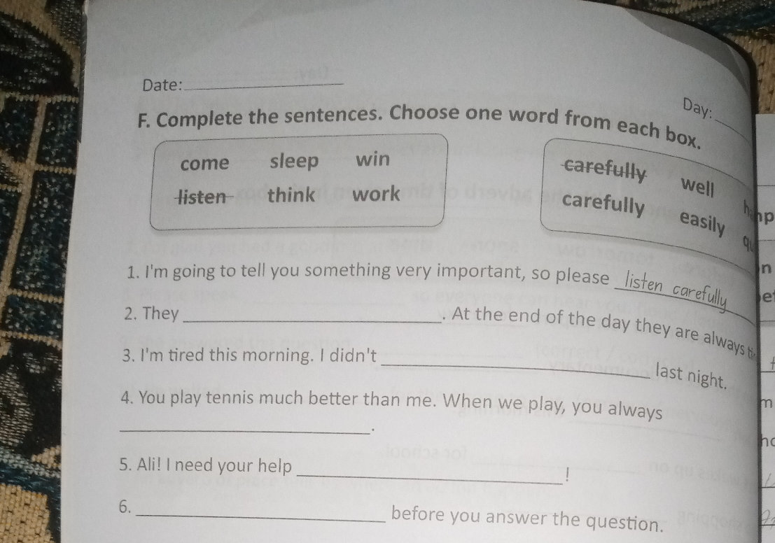 F. Complete the sentences. Choose one word | StudyX