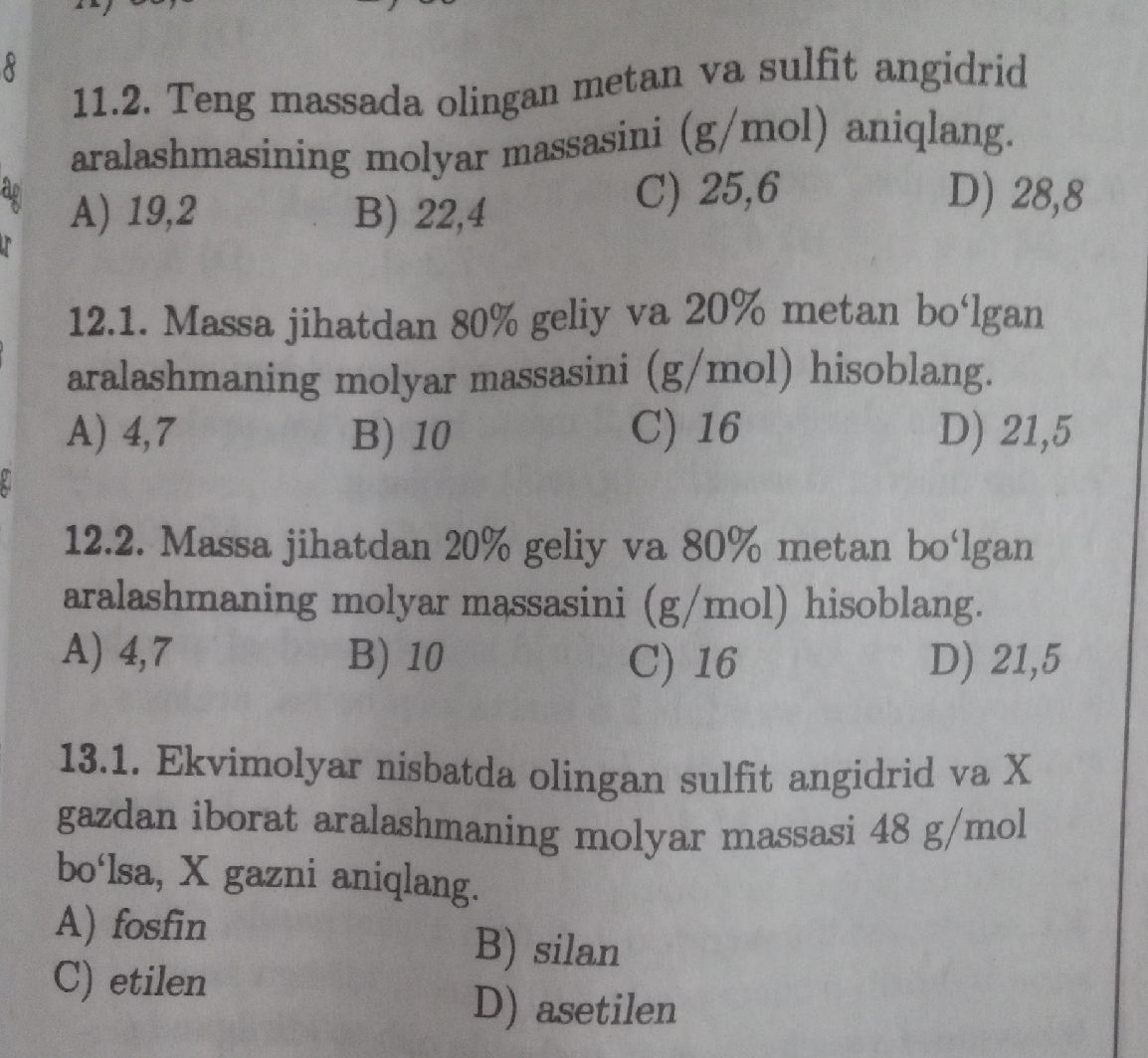 11.2. Teng massada olingan metan va sulfit | StudyX