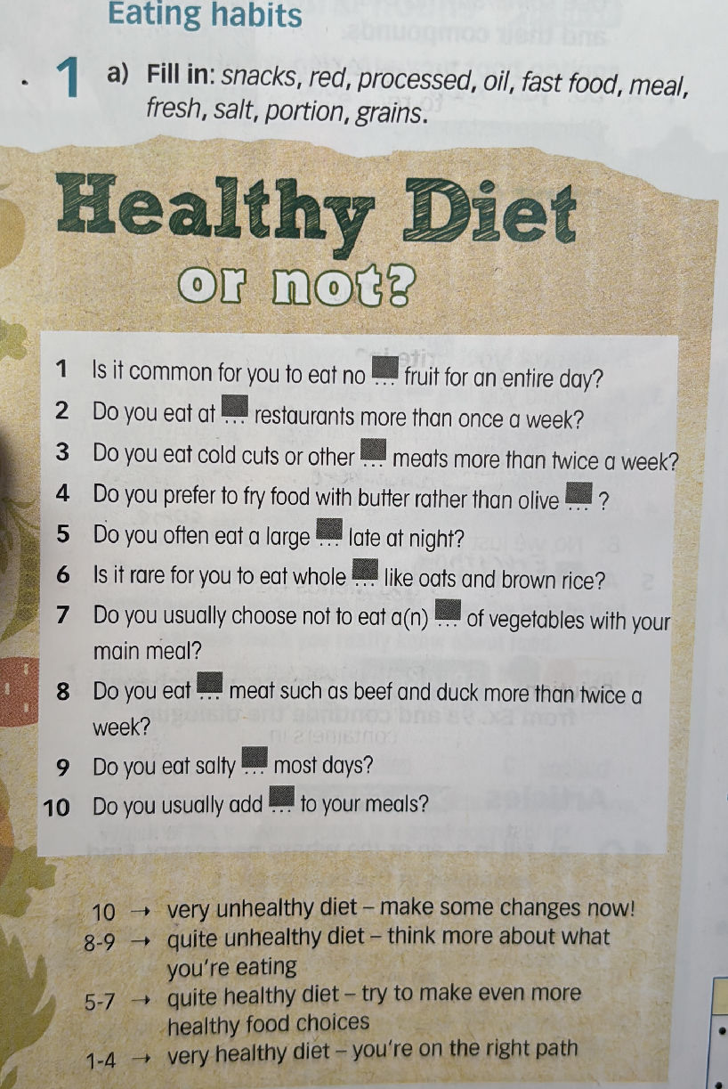 1 a) Fill in: snacks, red, processed, oil, | StudyX