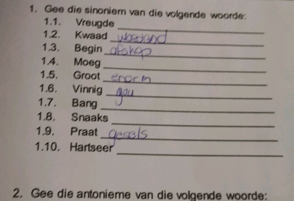 1. Gee die sinoniem van die volgende woorde: | StudyX