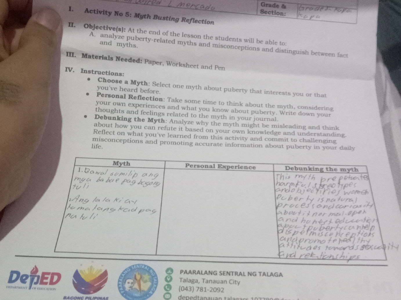 I. Activity No 5: Myth Busting Reflection | StudyX