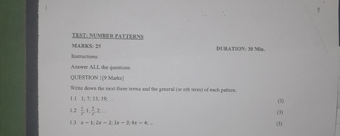 TEST: NUMBER PATTERNS MARKS: 25 DURATION: | StudyX