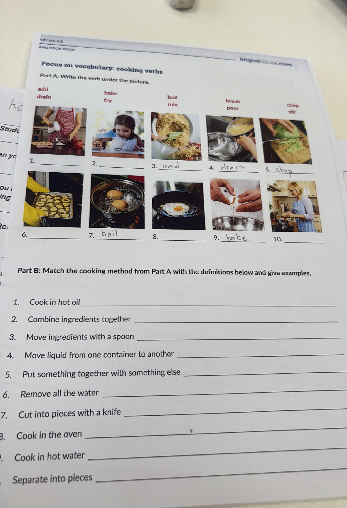 Focus on vocabulary: cooking verbs Part A: | StudyX