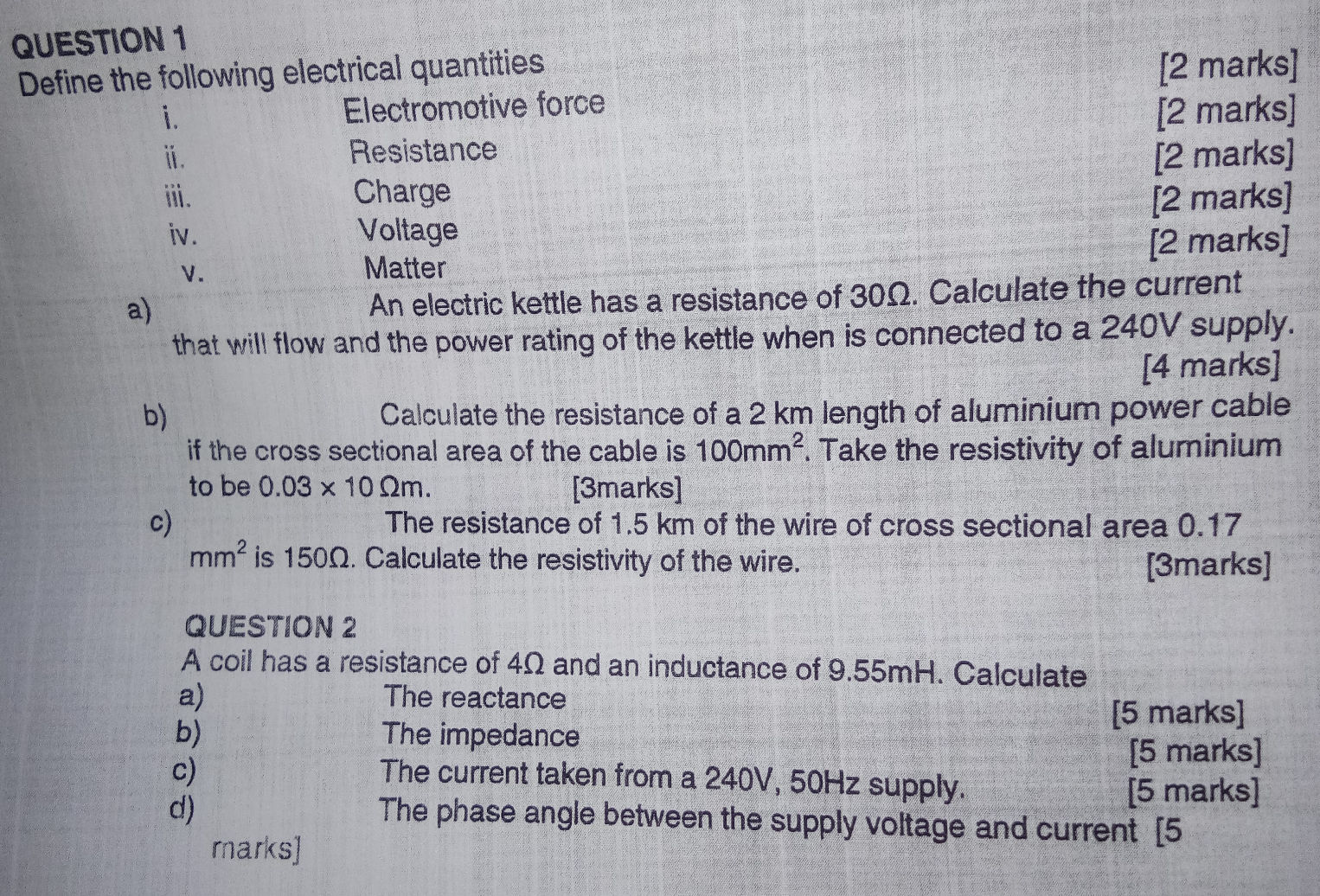 QUESTION 1 Define the following electrical | StudyX