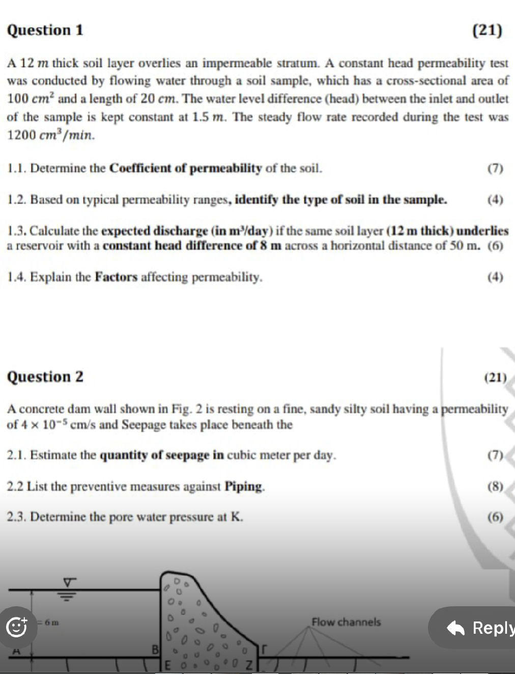 Question 1 A 12 m thick soil layer overlies | StudyX