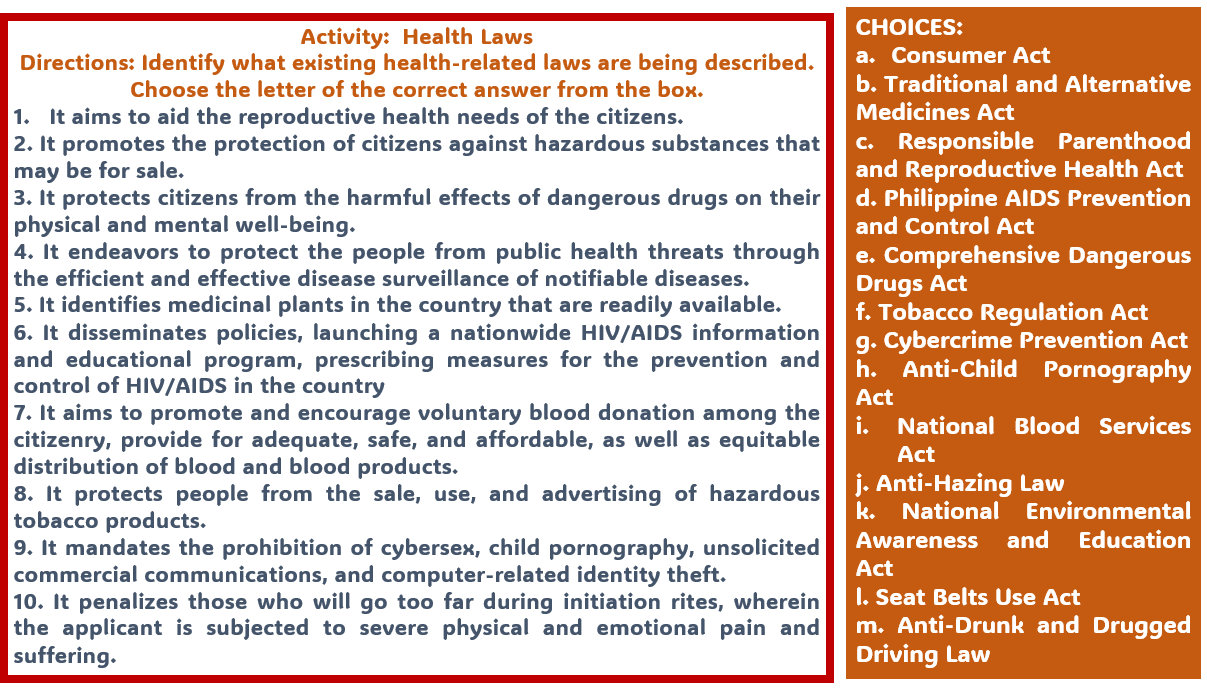Activity: Health Laws Directions: Identify | StudyX