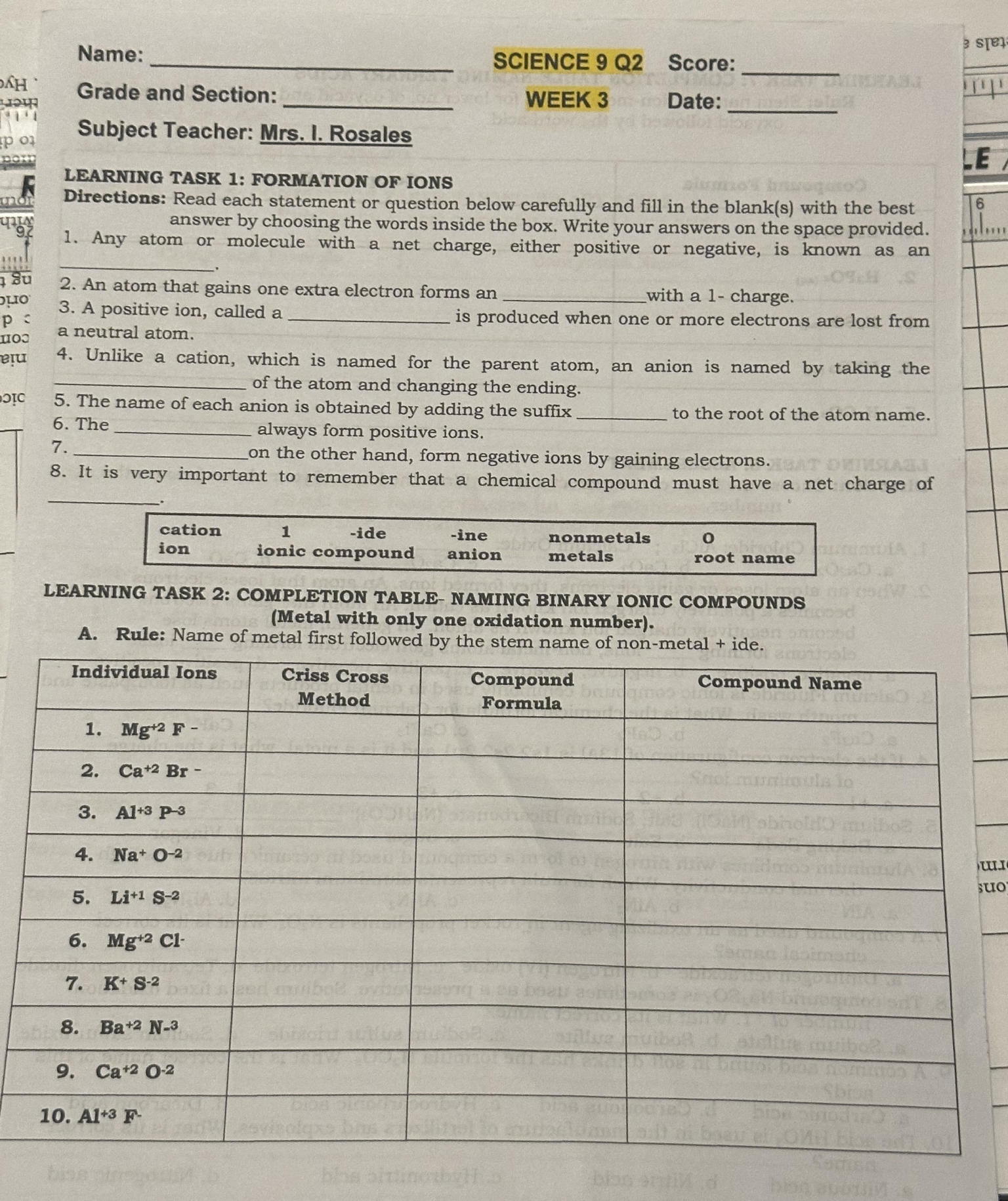 LEARNING TASK 2: COMPLETION TABLE- NAMING | StudyX