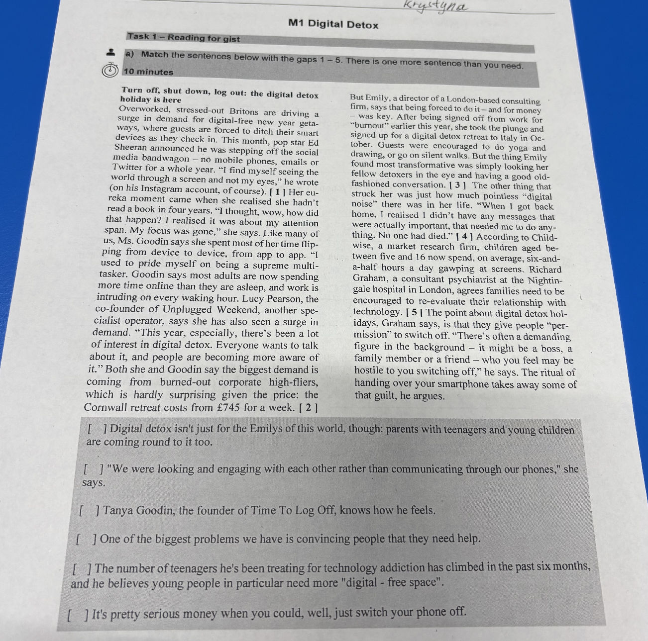 Task 1 - Reading for gist a) Match the | StudyX