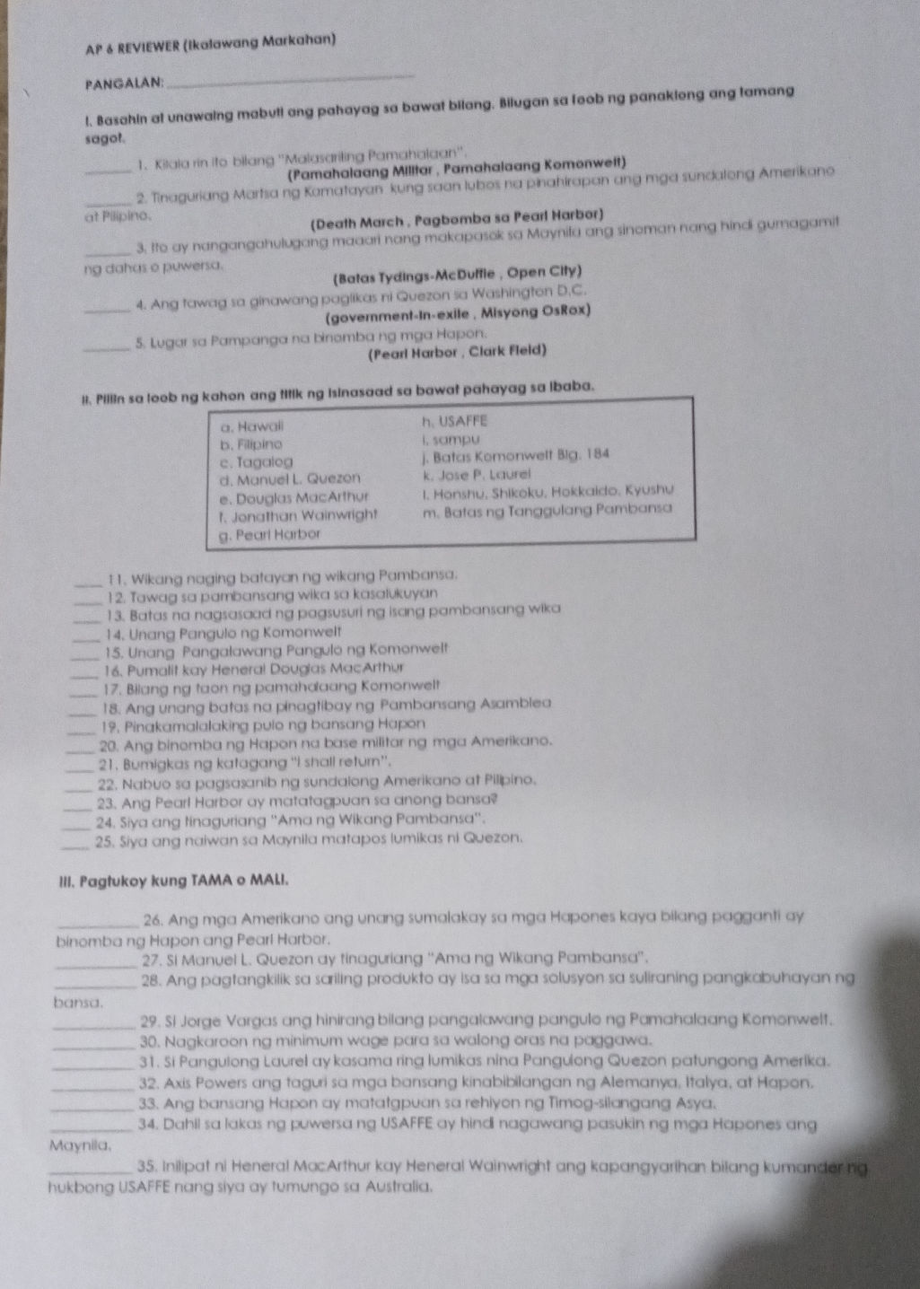 I. Basahin at unawaing mabuti ang pahayag sa | StudyX