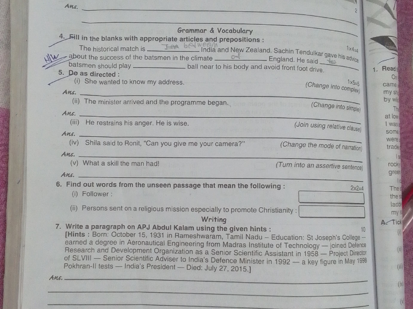 Writing 7. Write a paragraph on APJ Abdul | StudyX