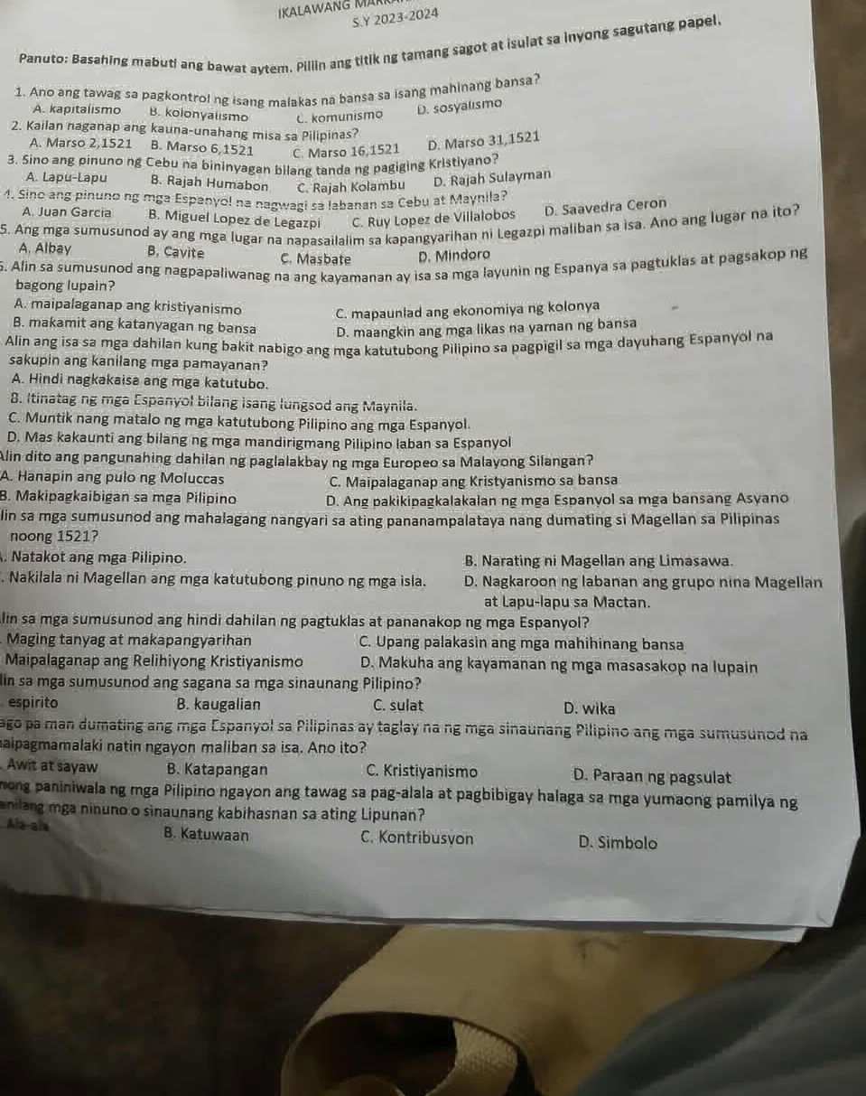 Panuto: Basahing mabuti ang bawat aytem. | StudyX